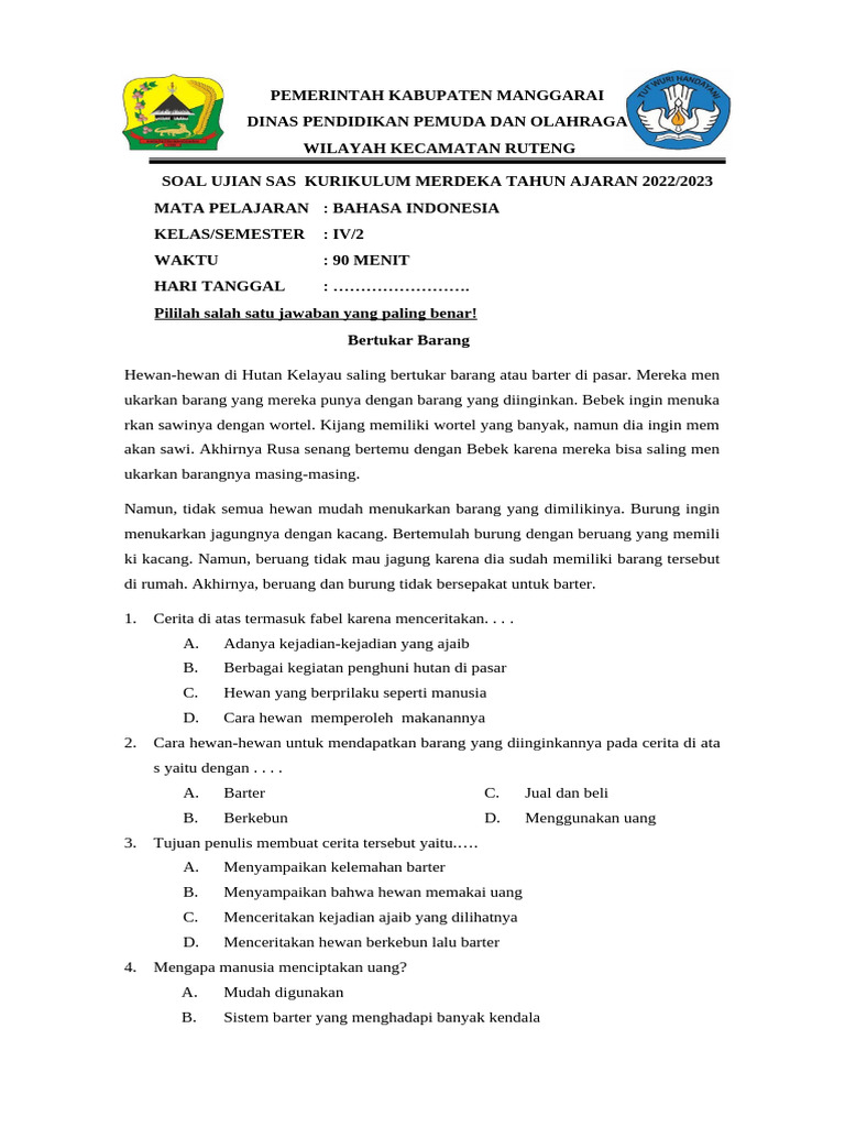 Soal Dan Kunci Jawaban SAS BINDO Kelas 4 Semester 2 KM | PDF