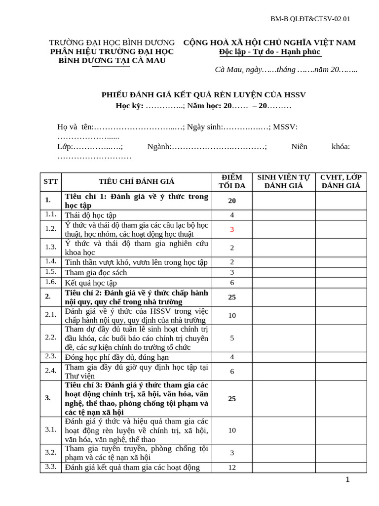 New - PHIEU DANH GIA KET QUA REN LUYEN SINH VIEN | PDF