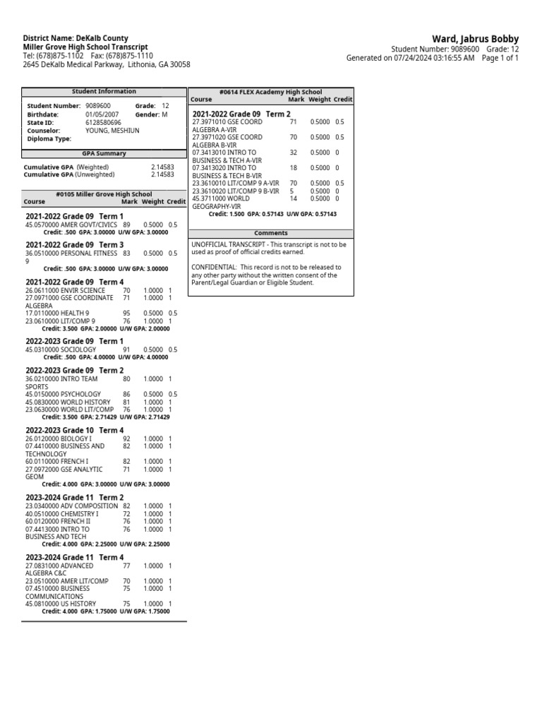 Httpscampus Dekalb k12 Ga uscampusstudentPortfolioreportstranscripttranscriptTerm Fopx Portal ...