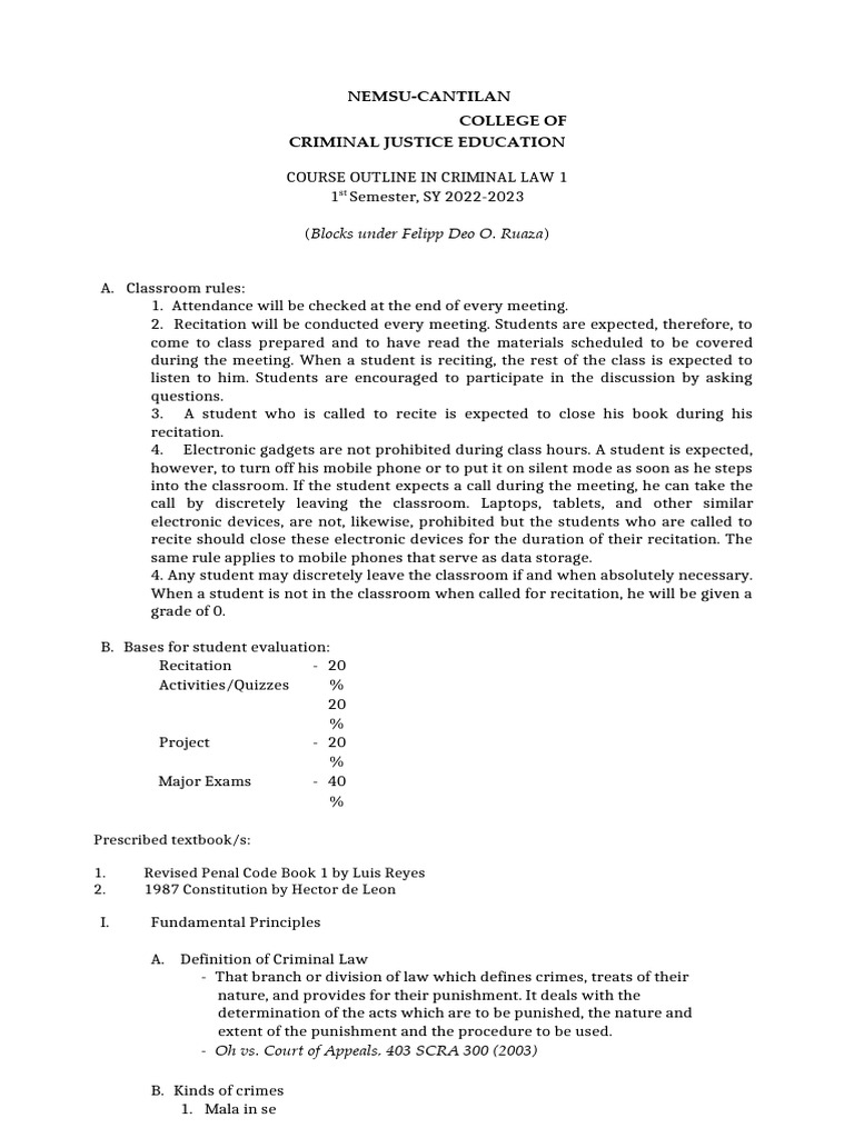 Criminal Law 1 Syllabus UP 2 | PDF
