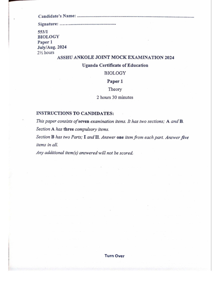S4 Bio 1 Asshu - Ankole Mock 2024 | PDF