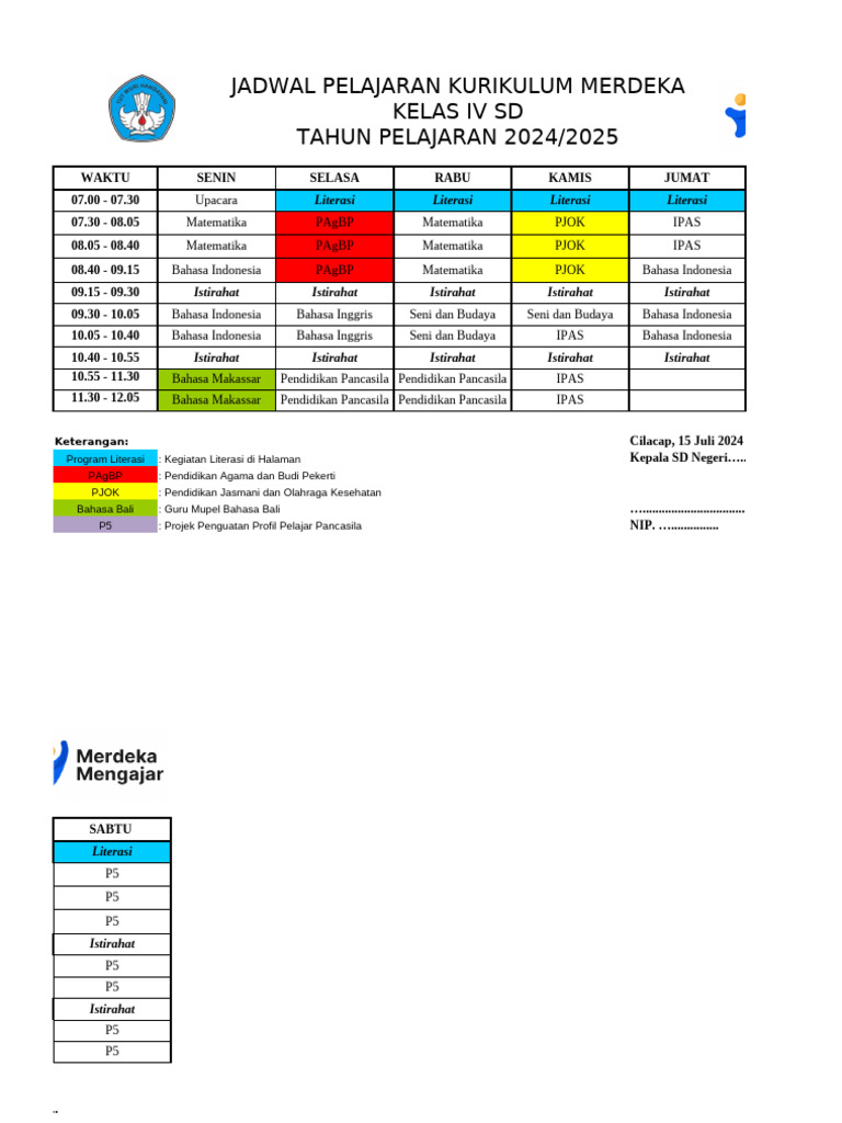 Jadwal Pelajaran Kelas 4 Kurikulum Merdeka Pdf
