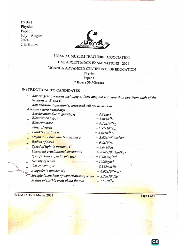 Physics Umta Paper 1 | PDF