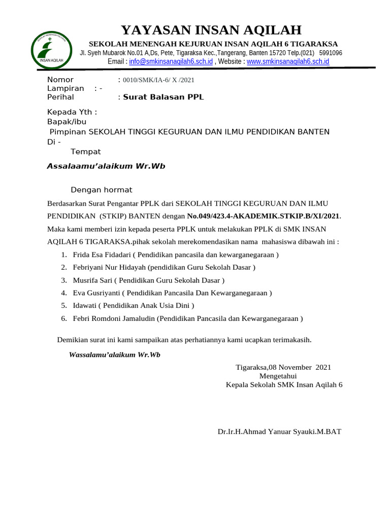 Surat Balasan SMK IA 6 Ke Kampus STKIP BAnten | PDF