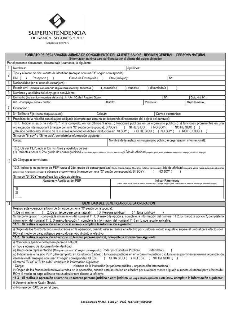 Declaracion Jurada de Conocimiento Del Cliente Bajo El Regimen General Persona Natural | PDF