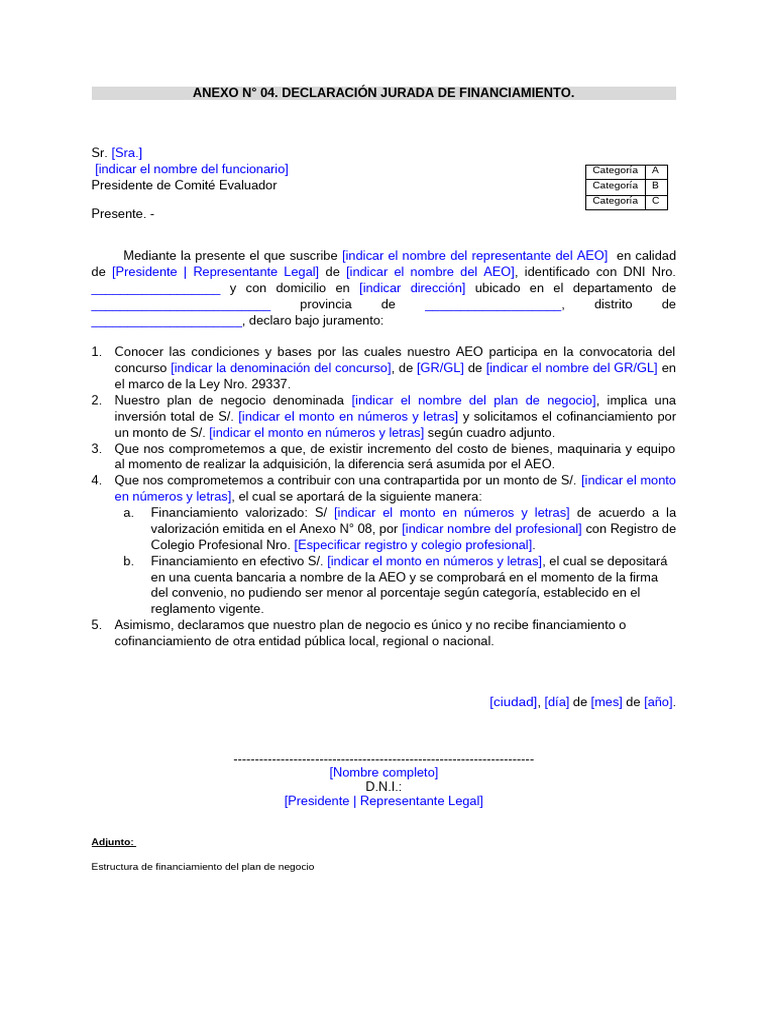 Anexo N°04 Declaración Jurada de Financiamiento. | PDF | Economias
