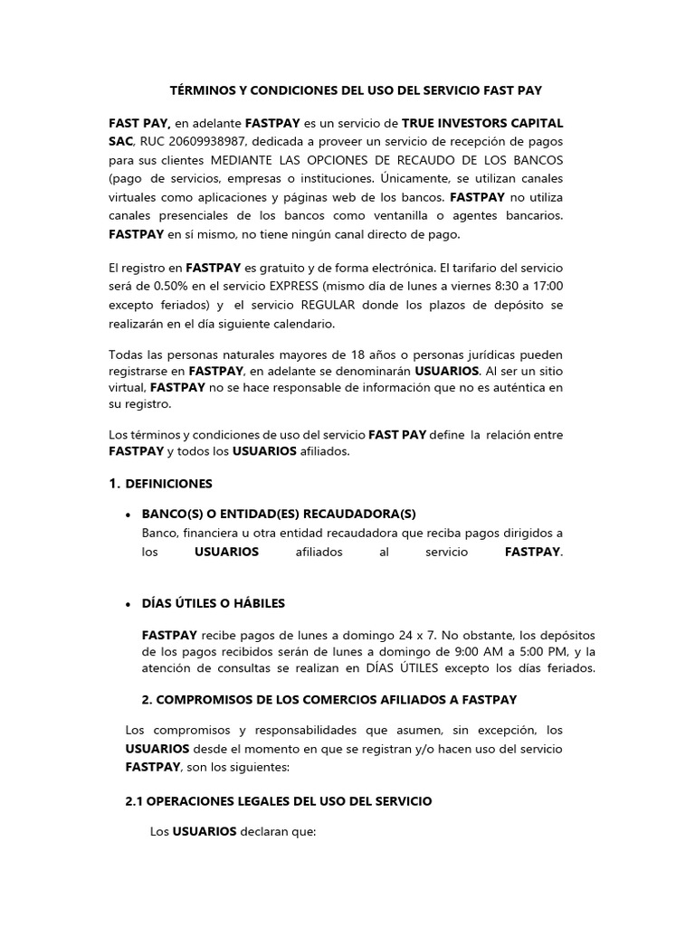 FastPay Service Terms in Peru | PDF