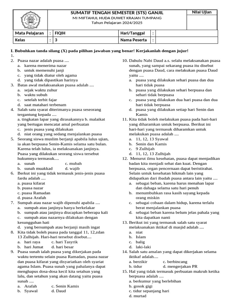 SOAL PTS FIQIH KELAS 3 | PDF