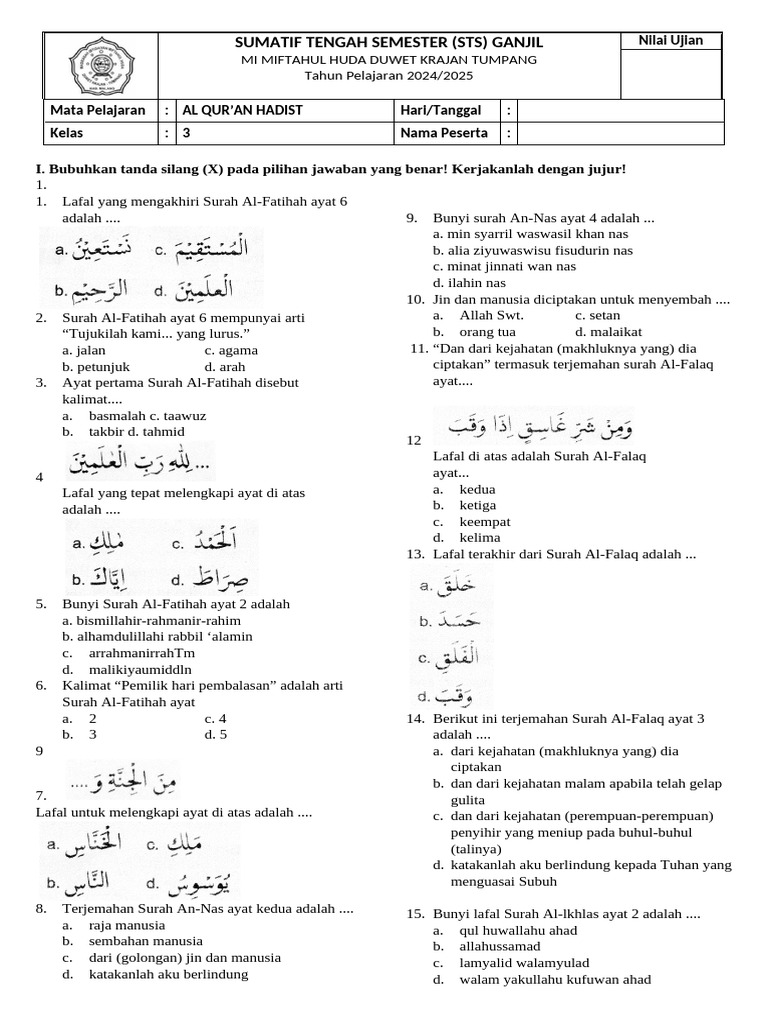 Soal PTS Al Quran Hadist Kelas 3 | PDF