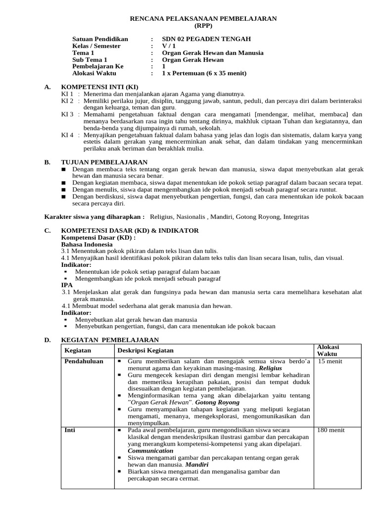 RPP KELAS 5 TEMA 1 Semester | PDF