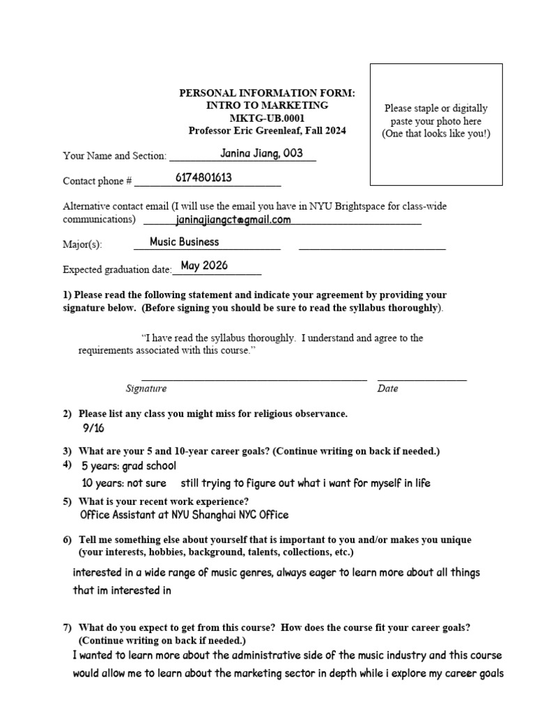 Personal Information Form Intro To Marketing Fall 2024 | PDF