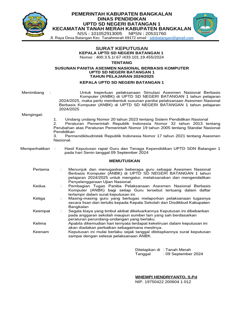 SK Anbk 2024 Uptd SDN Batangan 1 | PDF