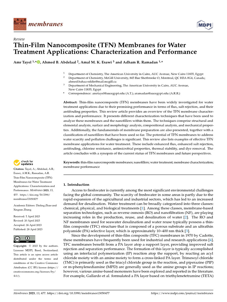 2 - Thin-Film Nanocomposite (TFN) Membranes For Water Treatment Applications Characterization ...