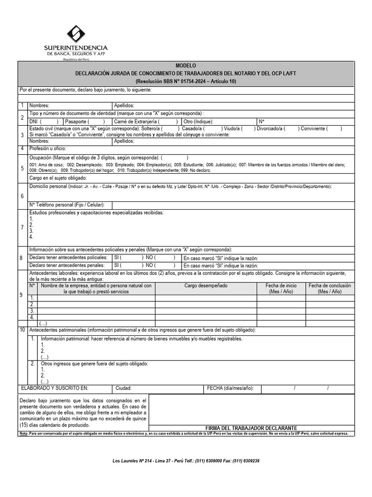 MODELO DJ Trabajadores Res SBS - 01754-2024 | PDF | Documento de identidad | Finanzas y dinero