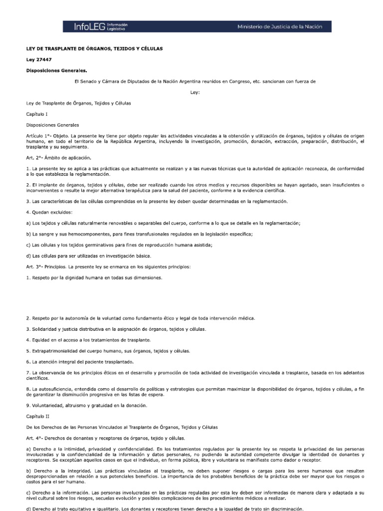 Ley 27447 Transplántes de Órganos | PDF