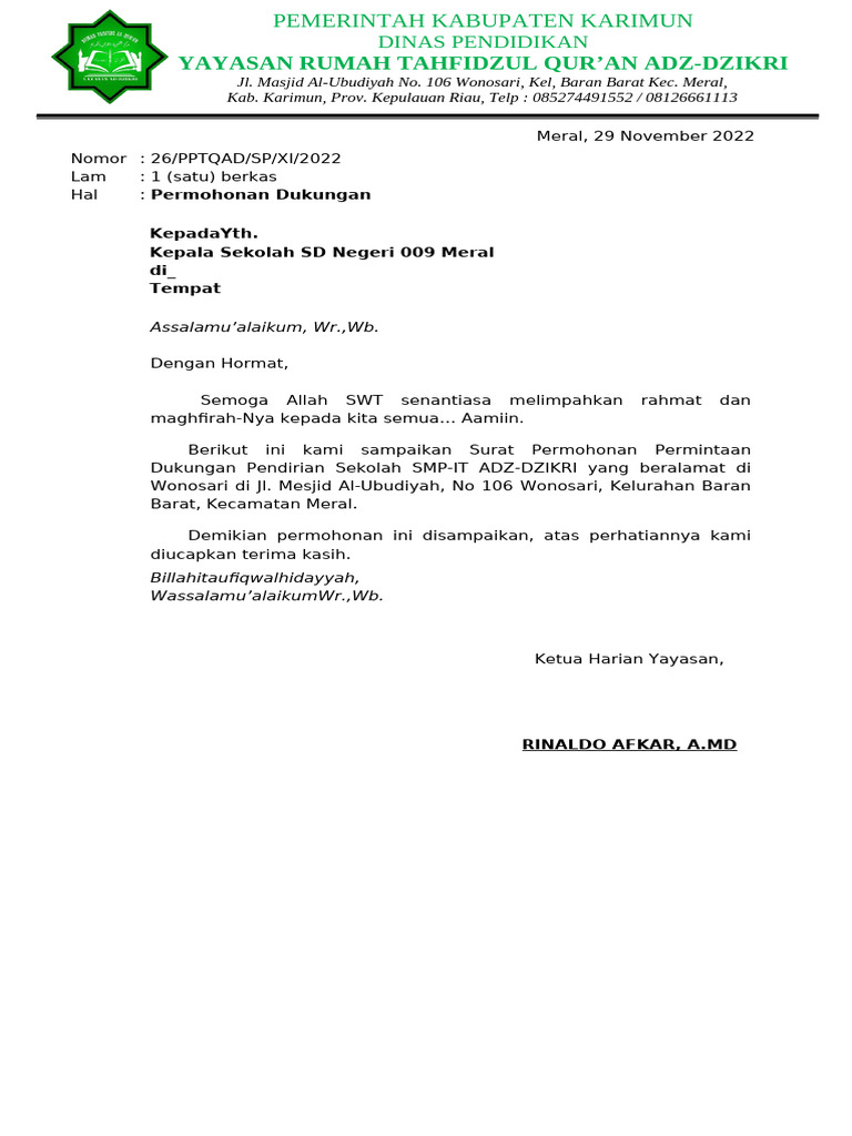 Surat Permohonan Dukungan Sekolah | PDF