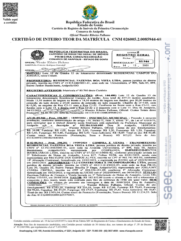 Certidão CJ 11 Q13 Lt12 | PDF
