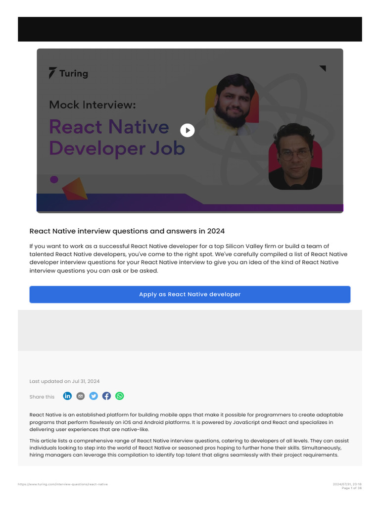 Top 100 React Native Interview Questions And Answers Pdf Mobile App Java Script 5751