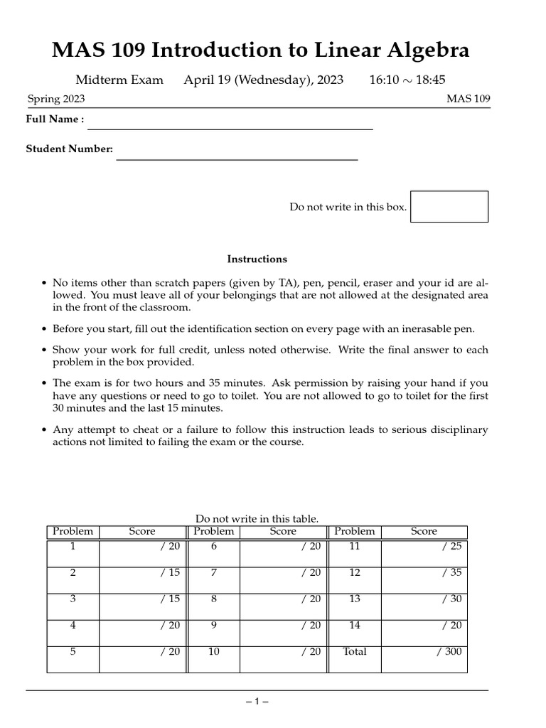 MAS 109 Introduction To Linear Algebra: Midterm Exam April 19 ...