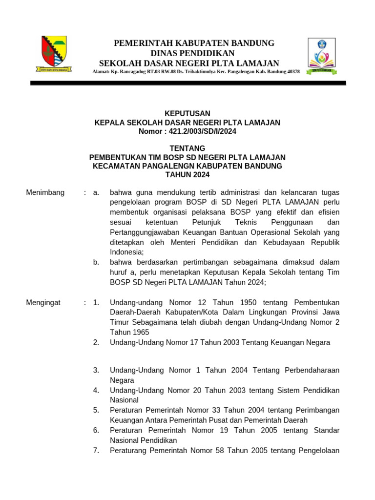 Contoh SK Tim BOSP 2024 | PDF | Pengelolaan Keuangan & Uang