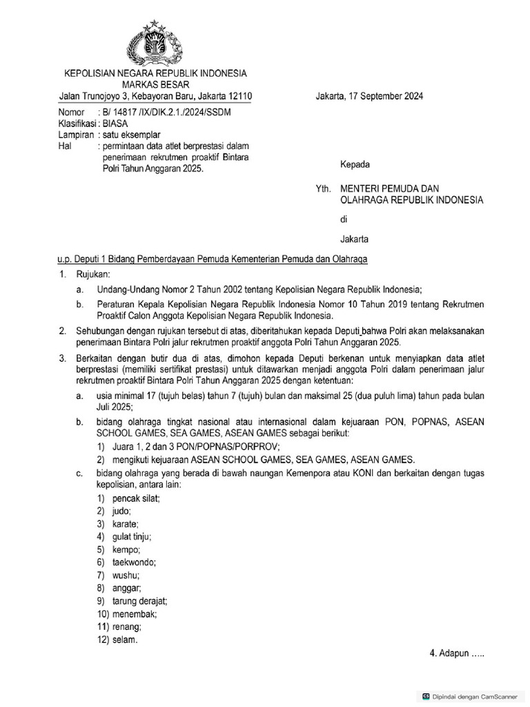 Surat Ke Menpora Perihal Permintaan Data Untuk Calon Ba Rekpro Ta 2024 | PDF