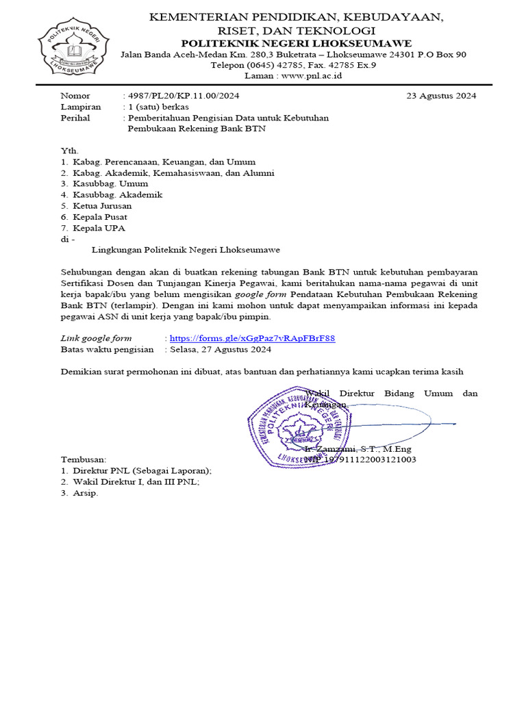 Pemberitahuan Pengisian Data Rek BTN | PDF