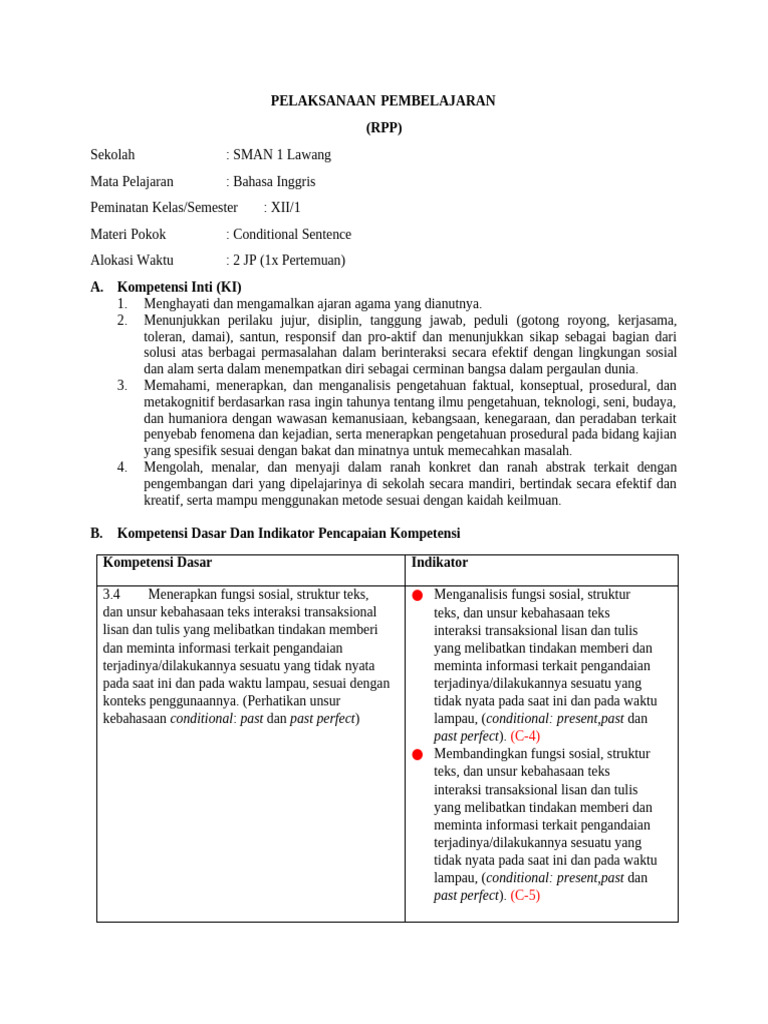 RPP Conditional Sentence Sasing Xii | PDF