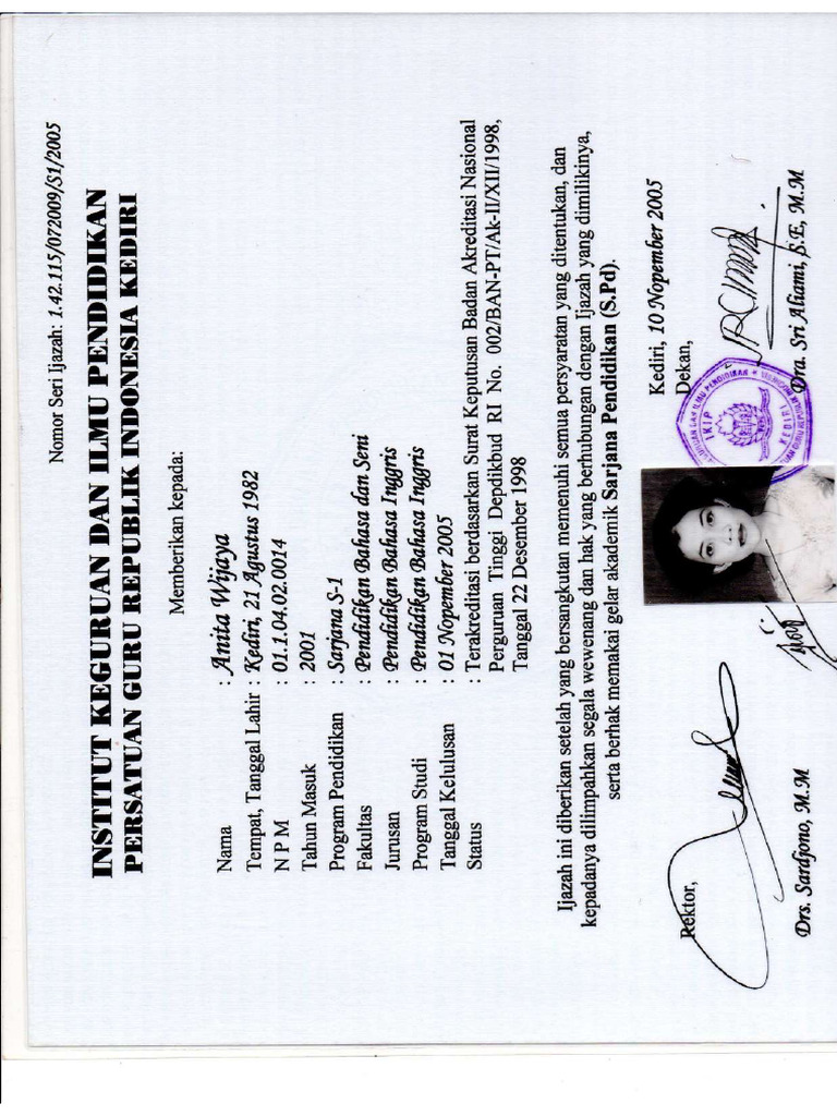 Ijazah - Anita Wijaya - Tulungrejo | PDF
