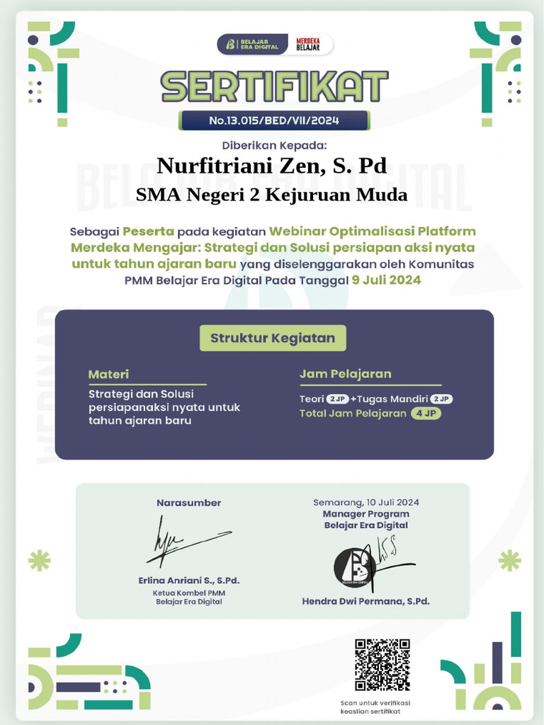 Sertifikat - Nurfitriani Zen, S. PD | PDF