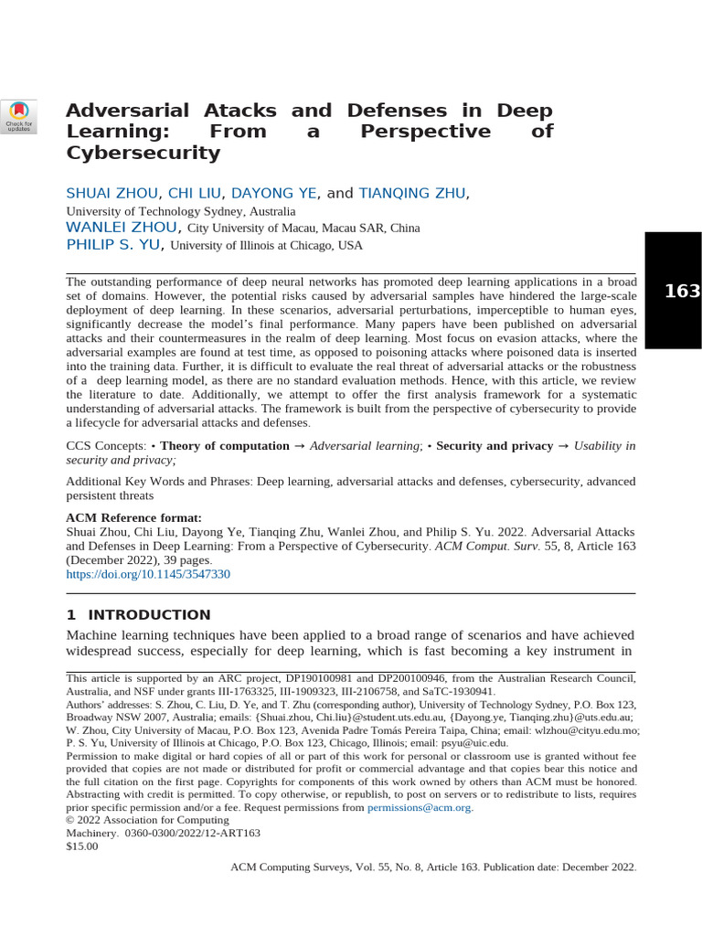 Adversarial Attacks and Defenses in Deep Learning From A Perspective of Cybersecurity | PDF