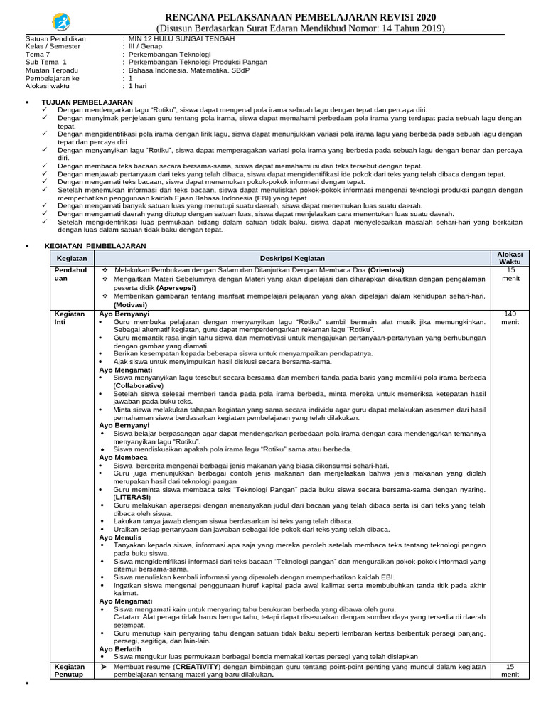 RPP 1 Lembar Kelas 3 Tema 7 TTD | PDF