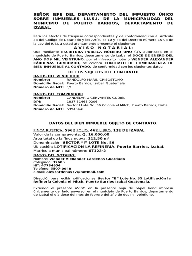 Aviso Notarial de Traspaso en Puerto Barrios | PDF