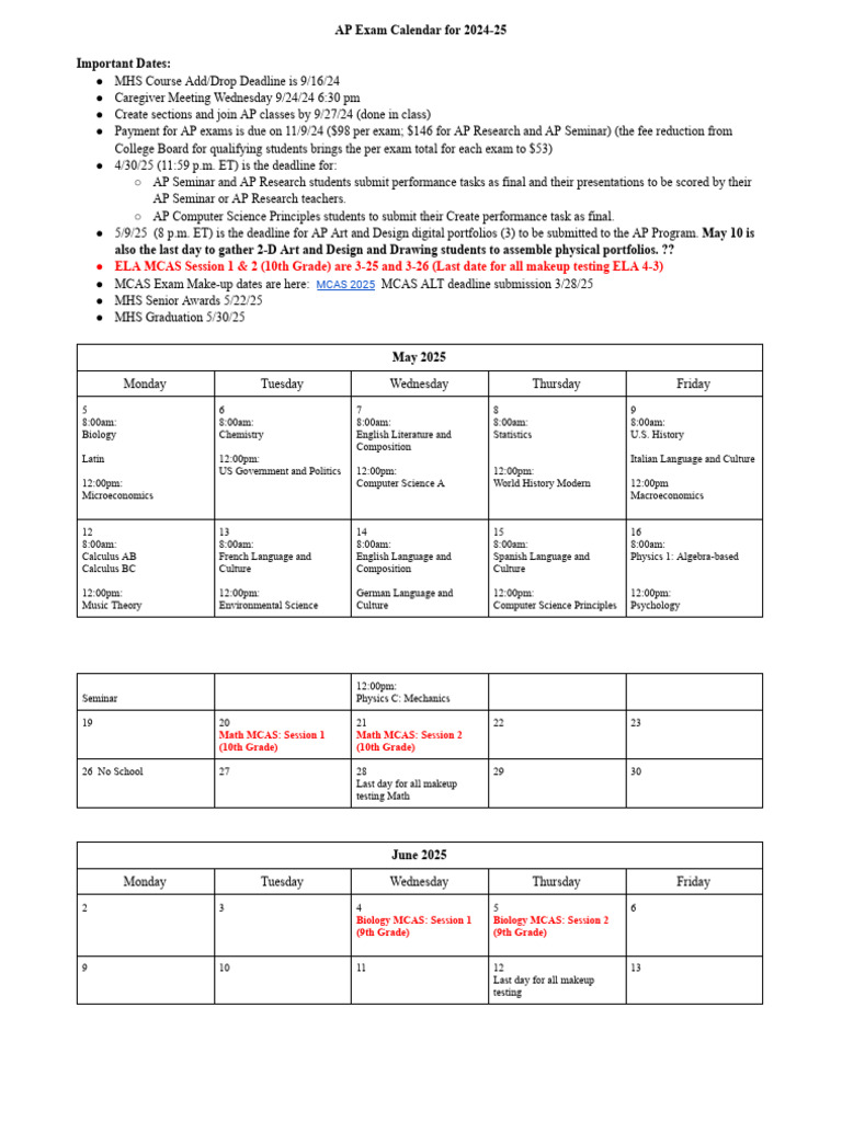 AP and MCAS Exam Calendar (2024-25) | PDF