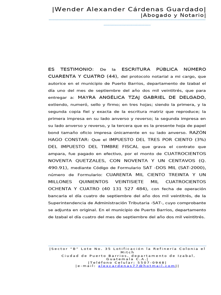 Testimonio de la Escritura Publica No. 44 | PDF Testimonio de la Escritura Publica No. 44 | PDF