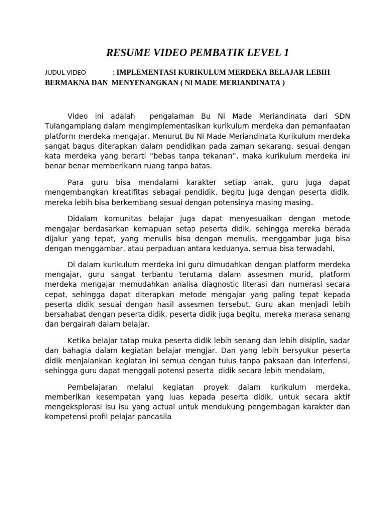 Resume Video Pembatik Level 1 | PDF