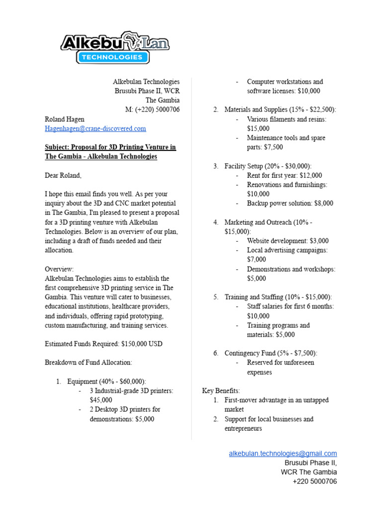 3D Printing Proposal Letter | PDF