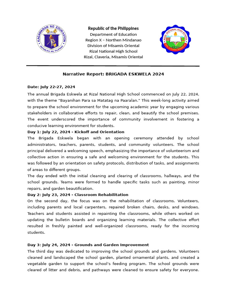 Brigada Eskwela 2024 Report | PDF | Classroom | Teachers