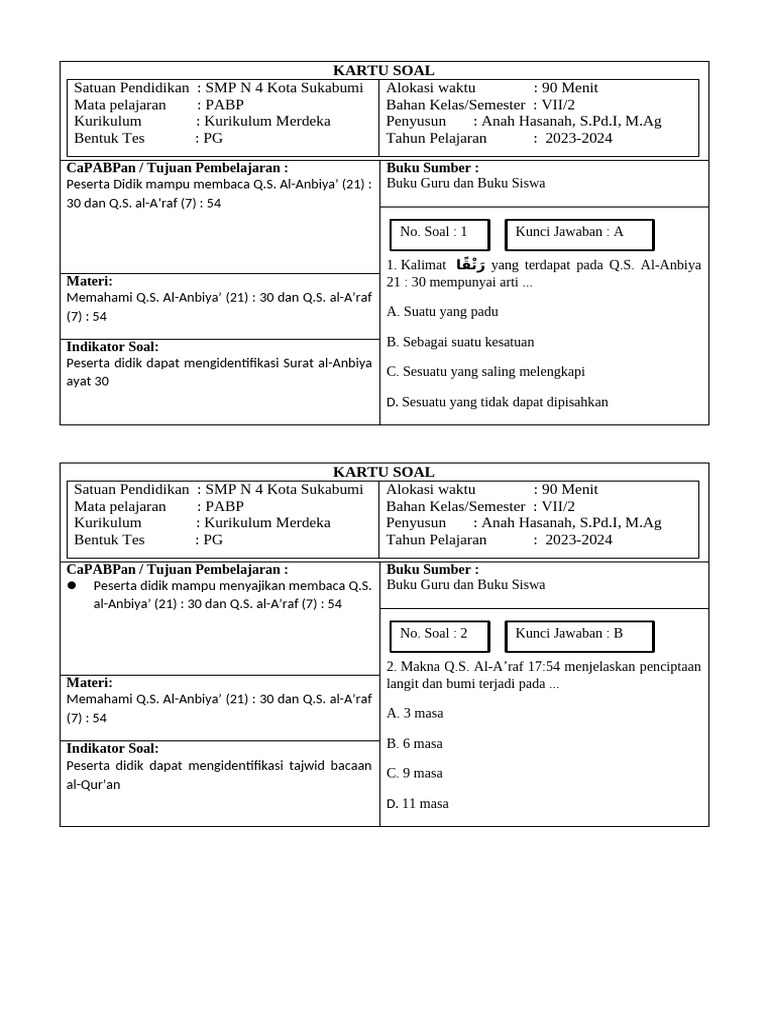 Kartu Soal Pai Kls 7.psat | PDF