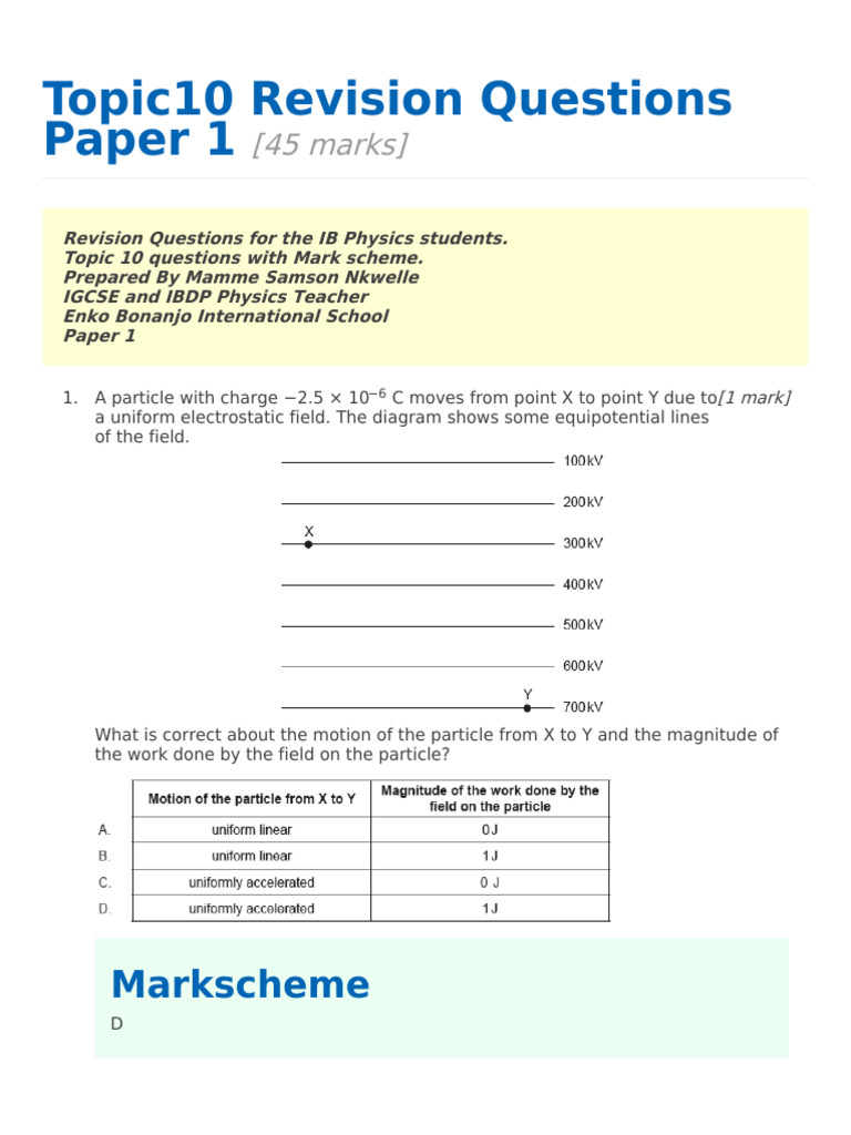 IB Physics Topic10 - Revision - Questions - Paper - 1 | PDF