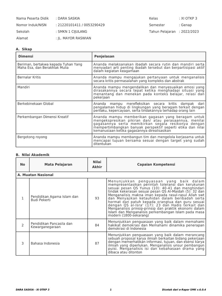 Rapor Dara Saskia - Xi Otkp 3 | PDF