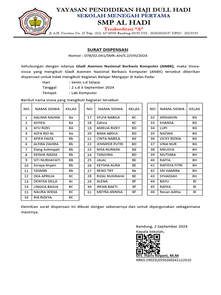 SURAT DISPENSASI Gladi ANBK SMP AL HADI | PDF