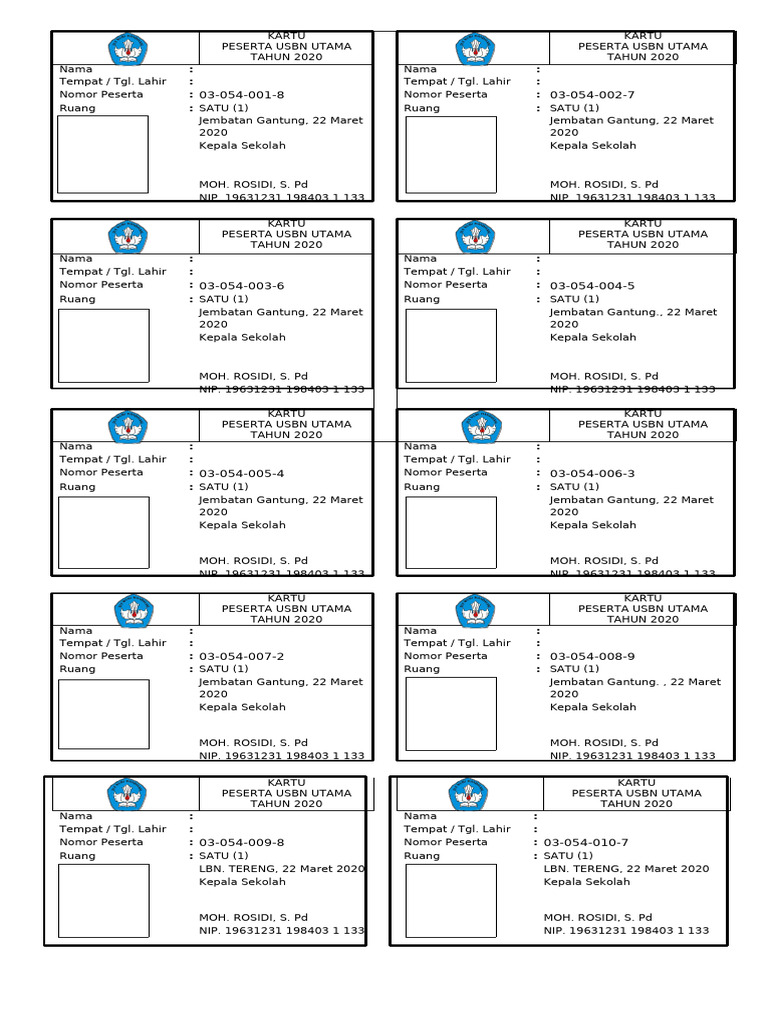 Kartu Aidikat PSRT Usbn THN 2020 | PDF