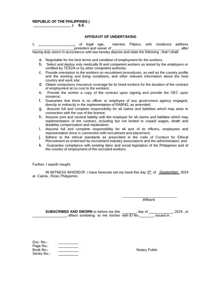 Affidavit of Undertaking Sample | PDF