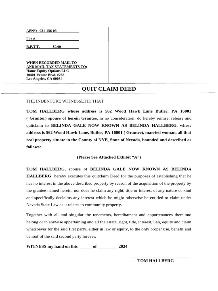 Quit Claim Deed for Belinda Hallberg | PDF | Deed | Notary Public