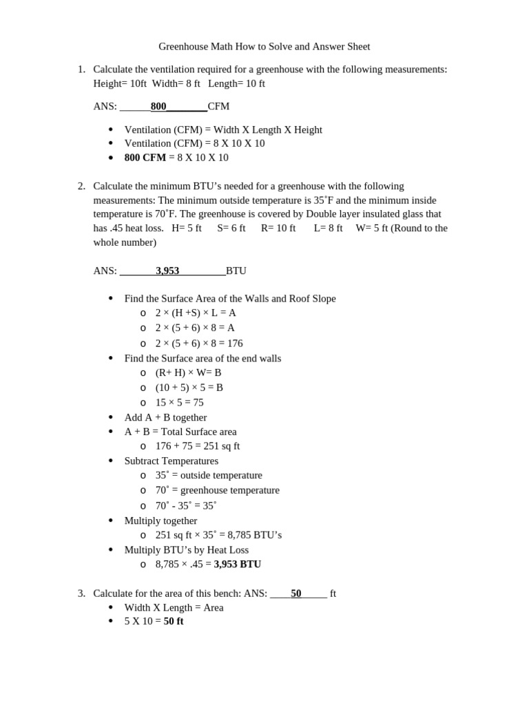Greenhouse Math Activity Sheet ANSWER KEY | PDF
