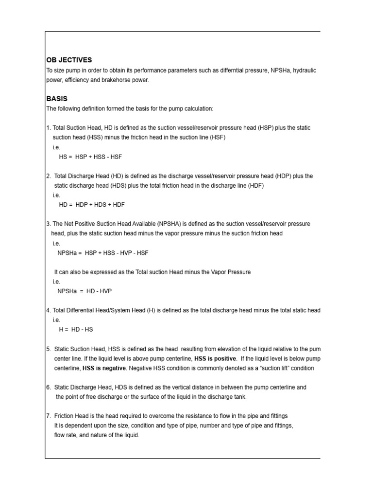 Pump Sizing Calculation Spreadsheet - Theory | PDF