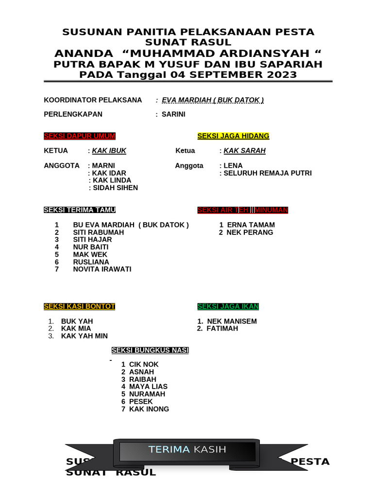 Susunan Panitia Pesta Sunat Rasul Ananda Muhammad Ardiansyah | PDF