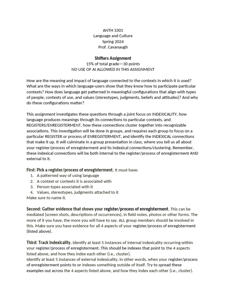 ANTH 3301 - Shifters Project - Spring 2024 | PDF