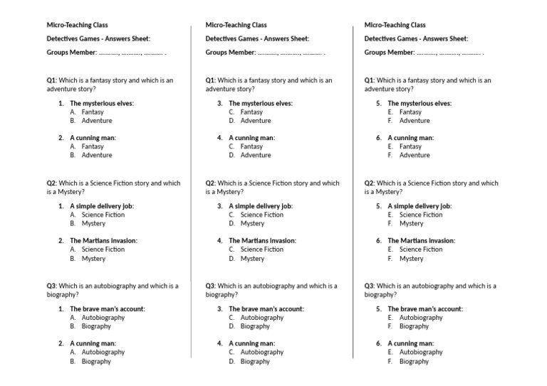 Detectives Games - Answers Sheet | PDF