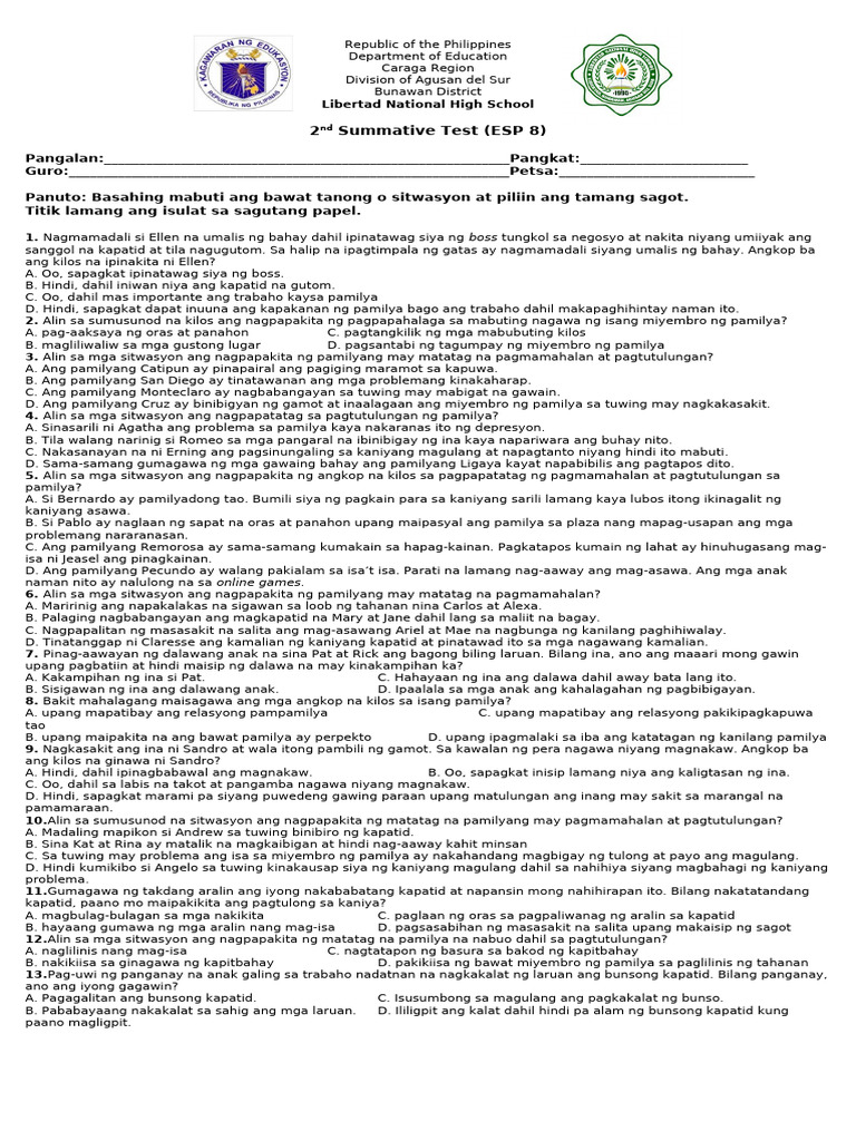 ESP-8-2ND-SUMMATIVE-TEST | PDF